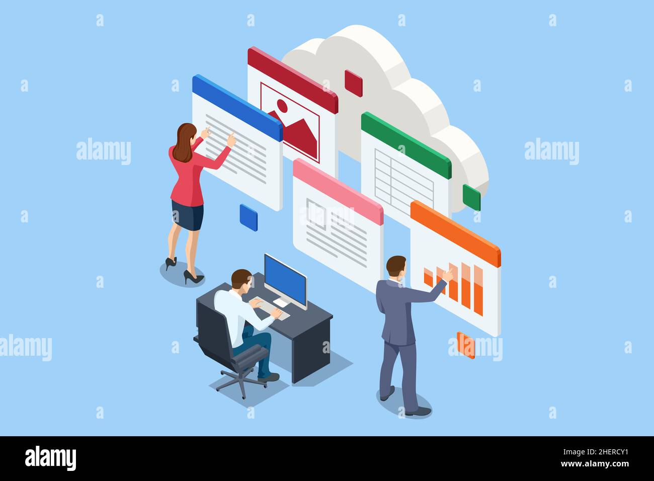 Isometric file in database, document flow management concept. Cloud data storage and remote data ...