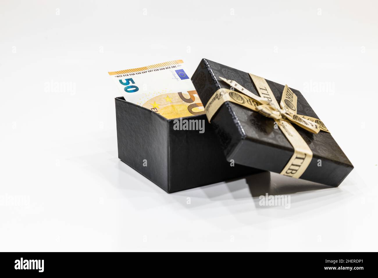 Gift box with euro money. Banknote with a nominal value of 50 euros ...