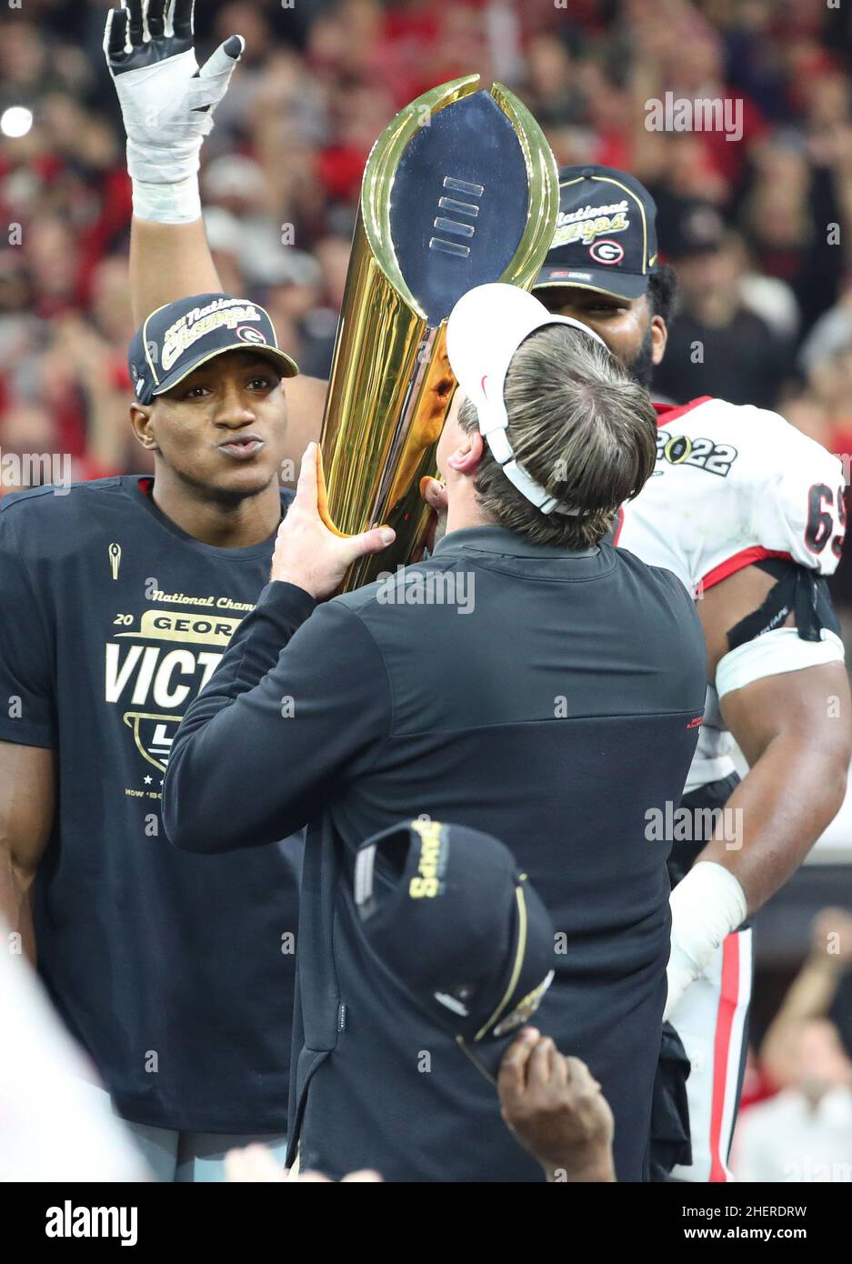 Georgia Bulldogs head coach Kirby Smart celebrates during the trophy ...