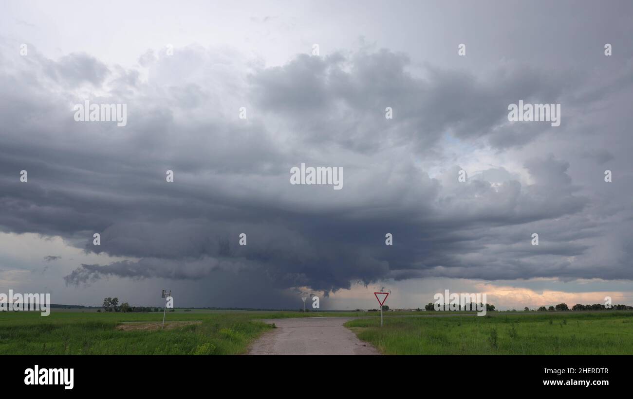 Dramatic Sky With Rain Clouds On Horizon Above Rural Landscape Country ...