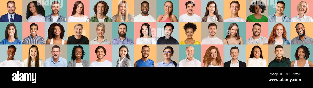 International people faces showing good emotions, panoramic collection ...