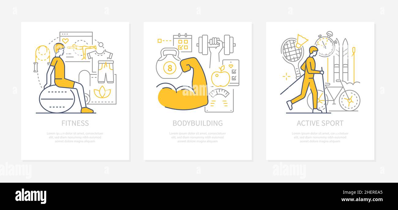 Fitness and active sports - modern line design style banners set on ...