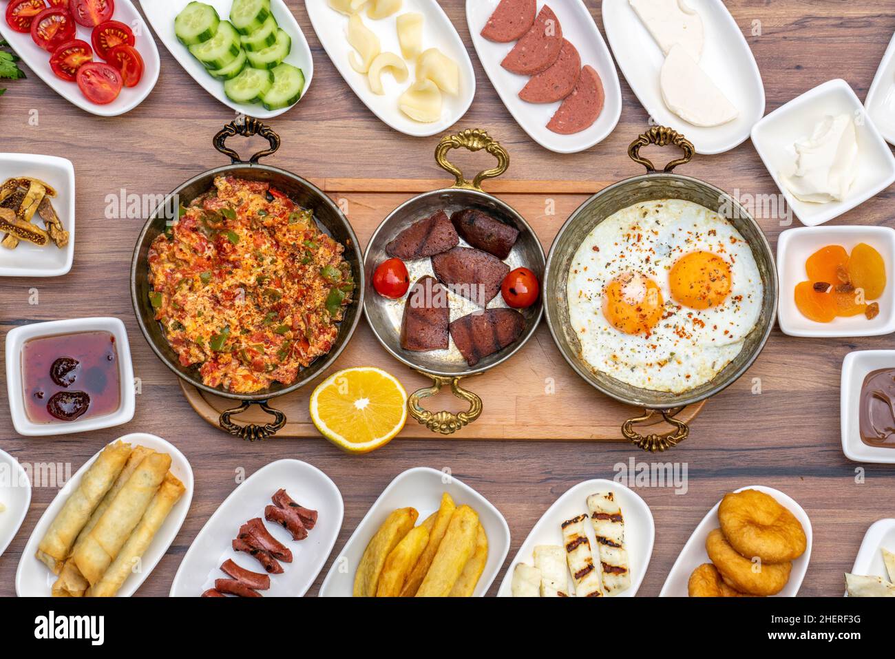 Traditional Turkish Breakfast served with traditional turkish tea on ...