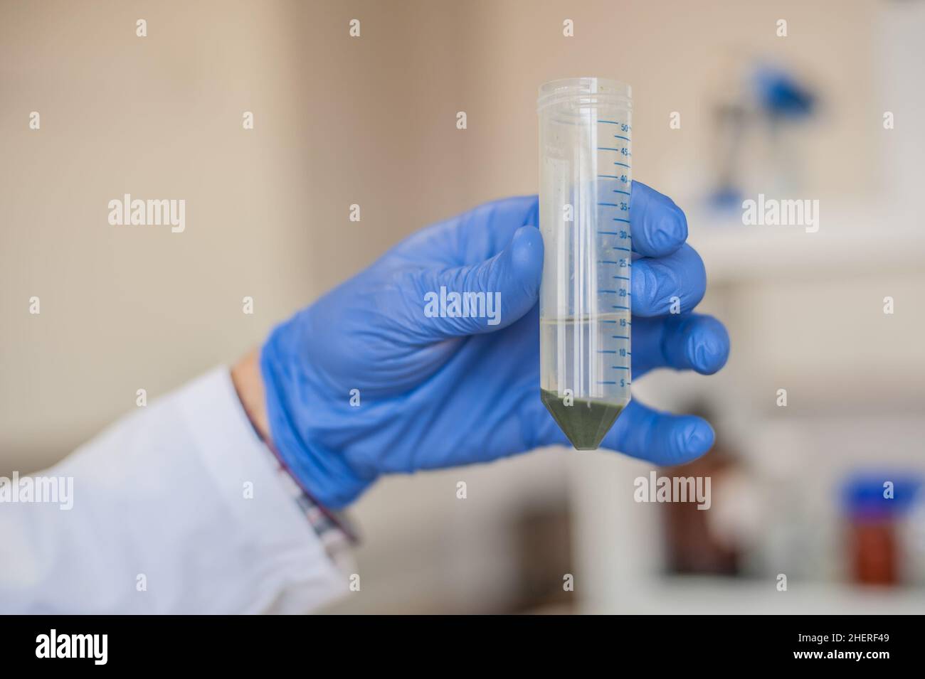 Lab technician holding a test tube with sample in the medical or ...