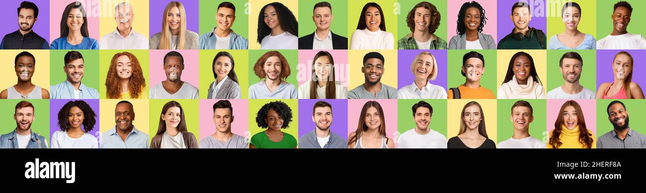 Beautiful multiracial people smiling on diverse backgrounds, collection ...