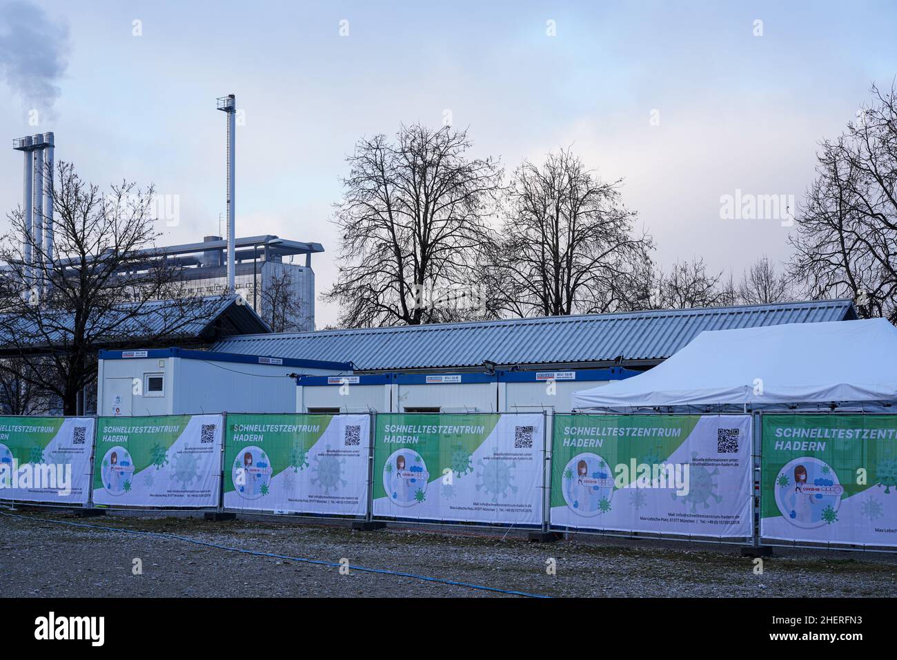 Covid rapid test center in Munich Hadern. In the background, the ...
