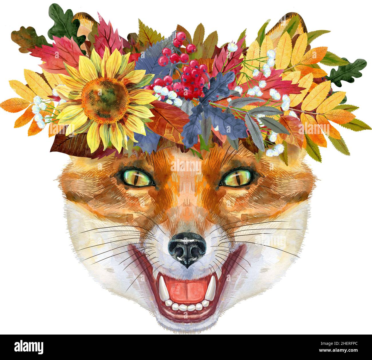 Fox portrait in a wreath of autumn leaves. Watercolor orange fox ...