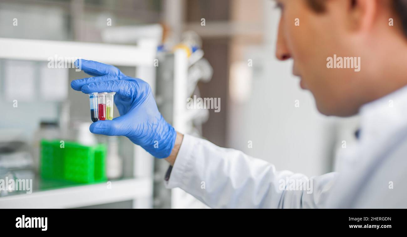 Male lab technician holding a test tube with sample in the medical or ...