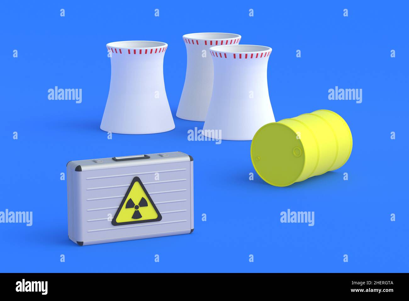 Metal suitcase near nuclear power station and barrel. Transportation of ...