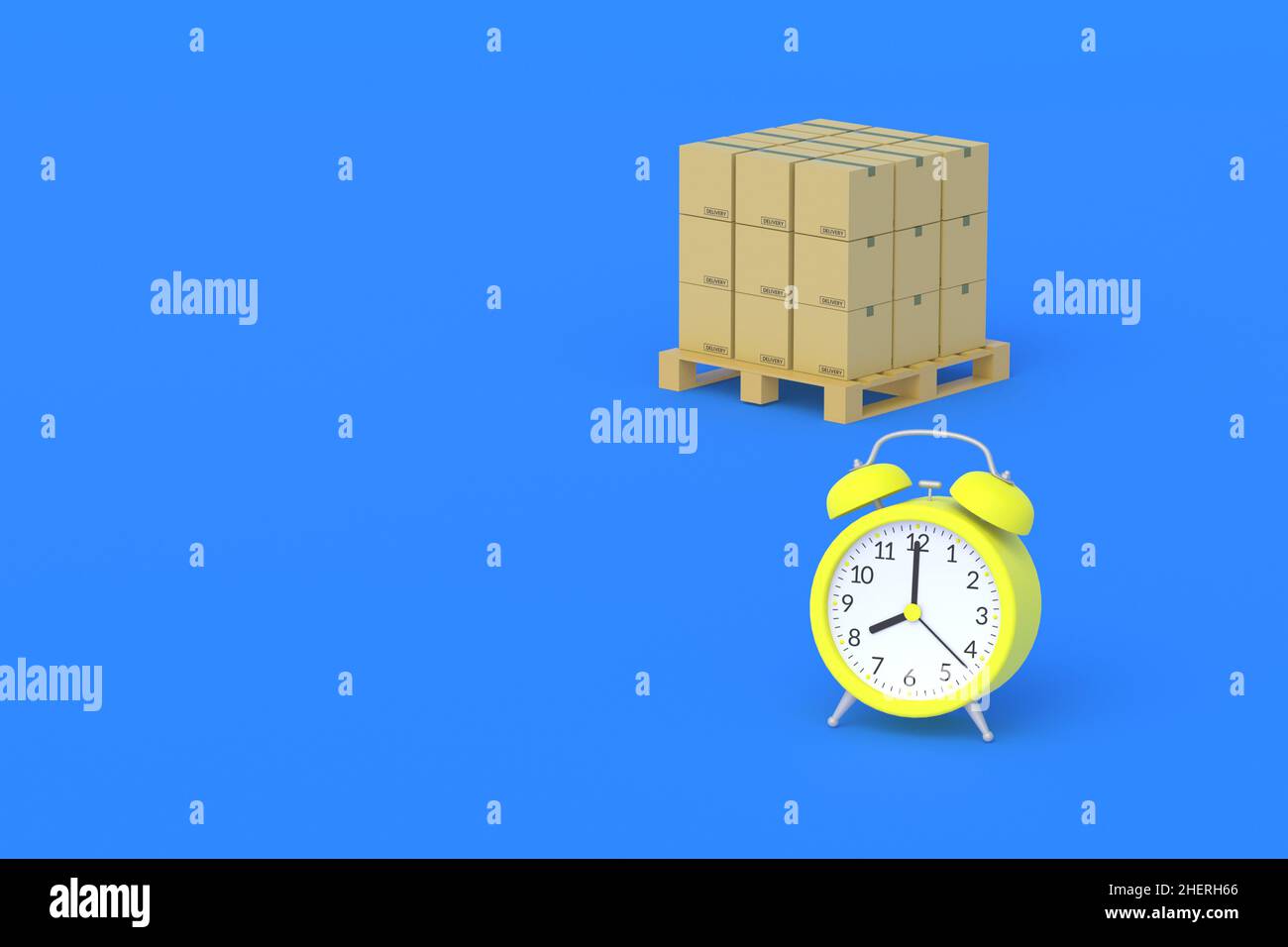 Cardboard boxes on pallet near alarm clock. Fast shipping ...