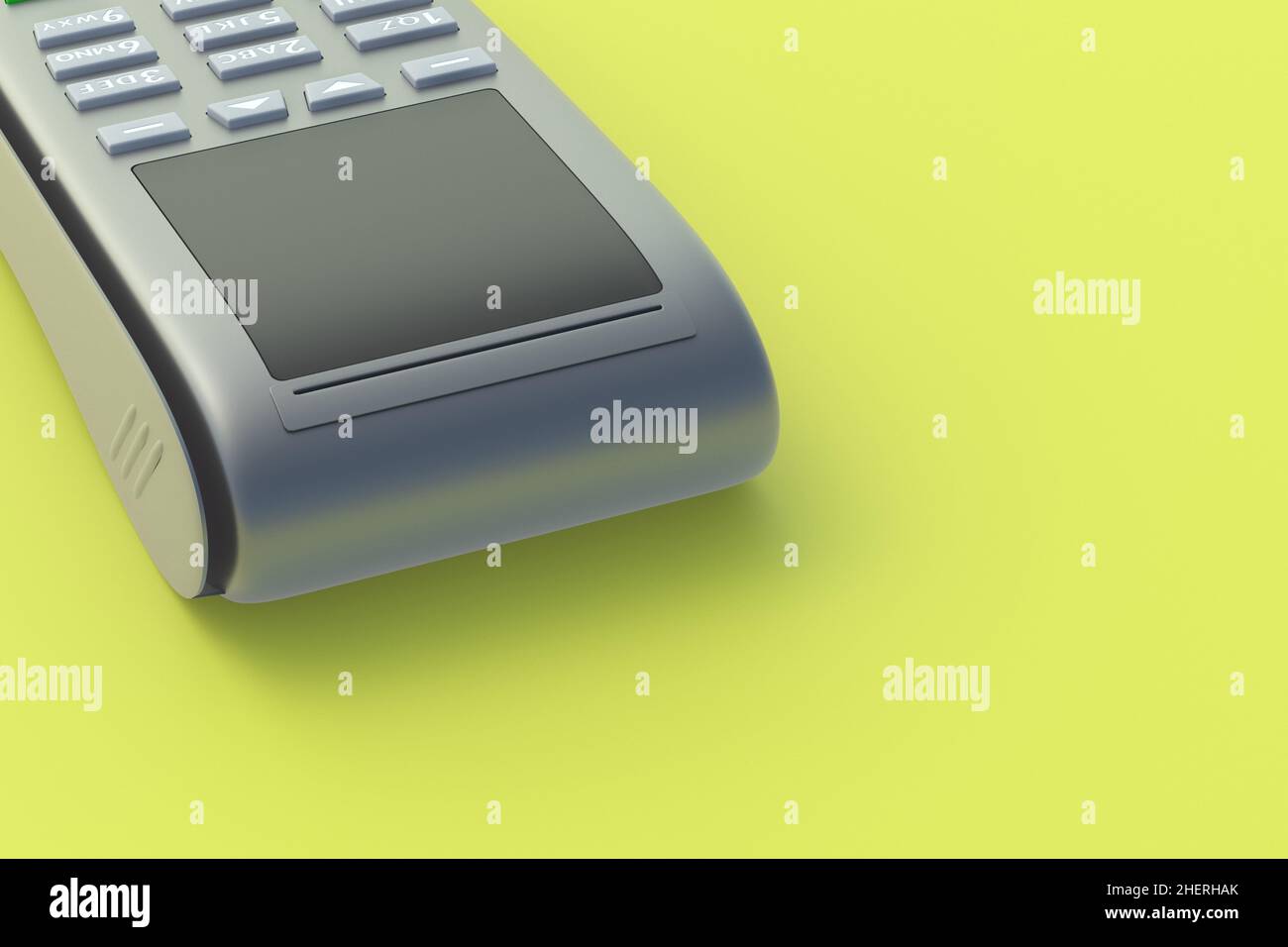 Portable cash register on yellow background. Copy space. 3d render ...