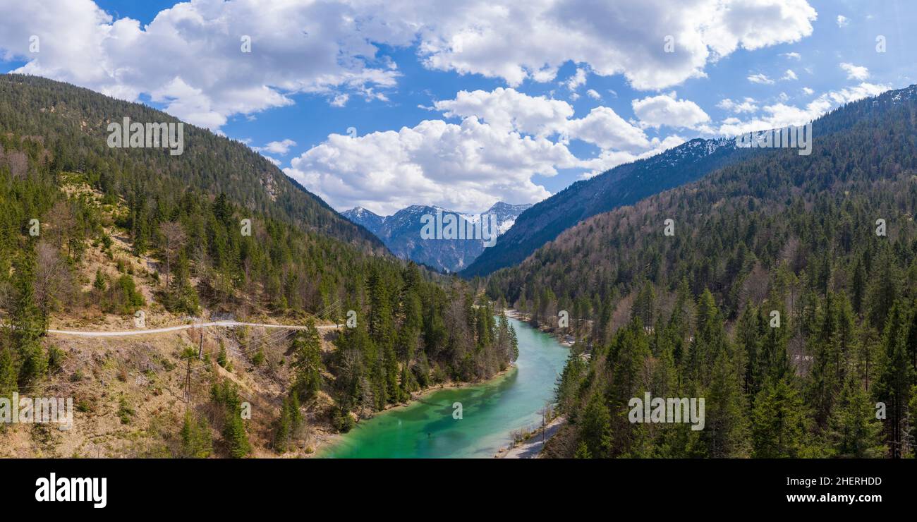 aerial view to panorama of small lake plansee between tirol mountains ...