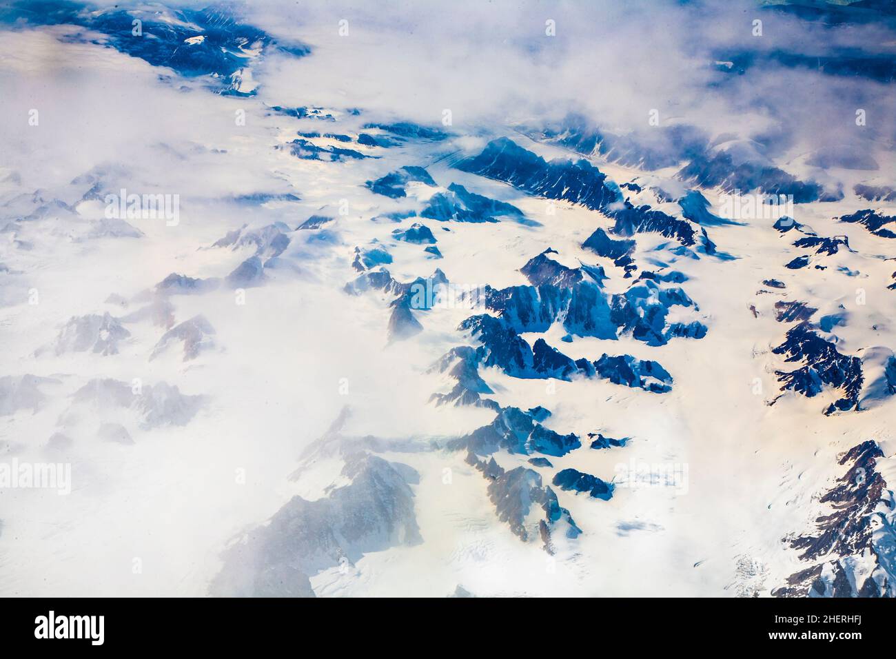 Aerial view of the antarctica with glaciers, mountain, snow and river ...