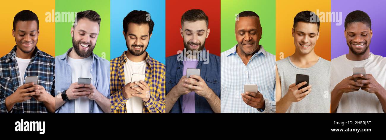 Collage of multiracial men with smartphones using internet over colored ...