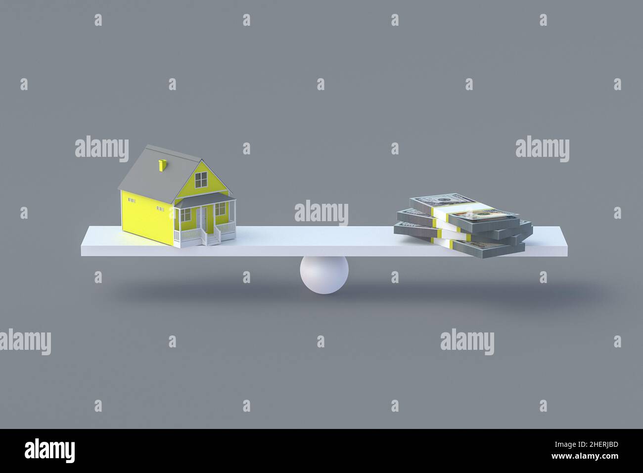 House and stack of money on scales on gray background. The concept of ...