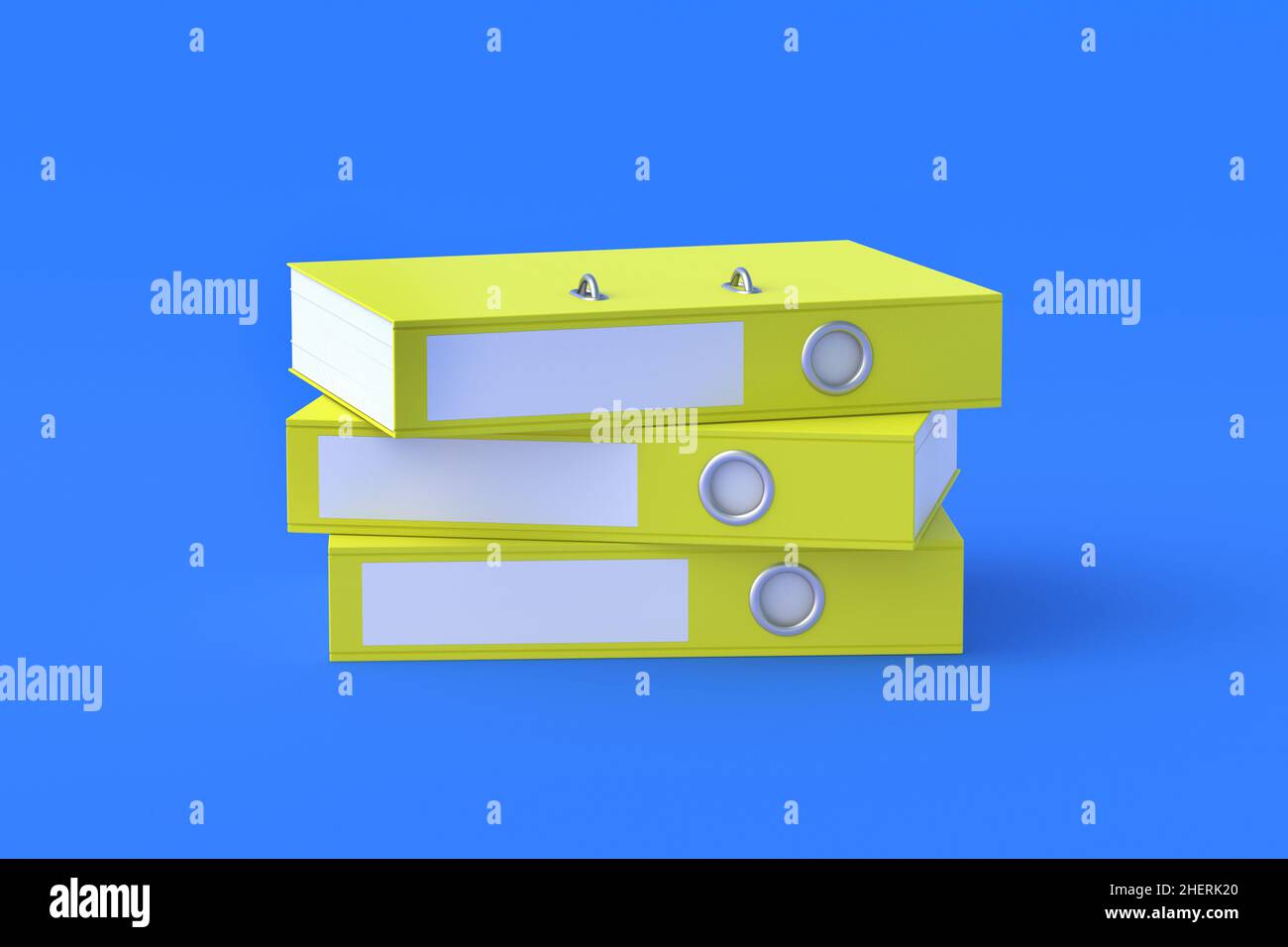 Heap of binder file folders of yellow color on blue background. 3d ...