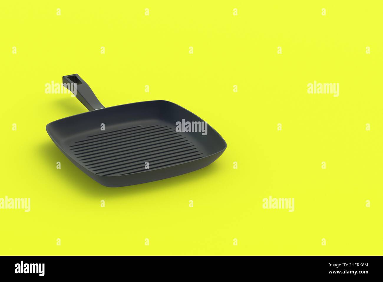 Frying pan for grill with ribbed surface on yellow background. Cooking ...