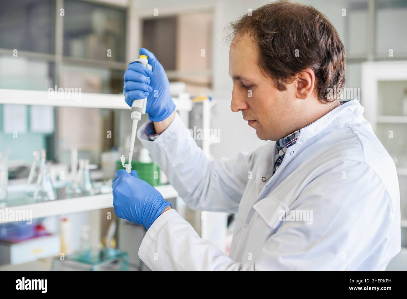 Male scientist in the medical laboratory filling test tubes with ...