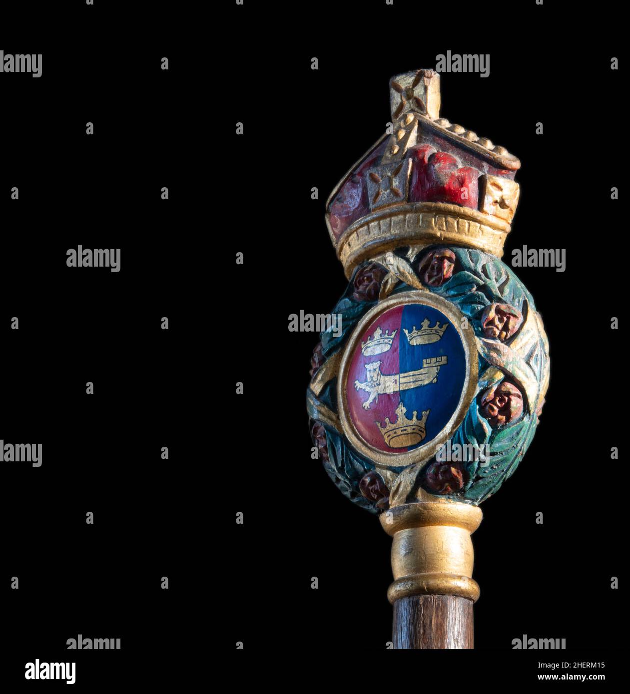 Wooden staff with crown Church of St Mary Dallinghoo Suffolk Stock ...