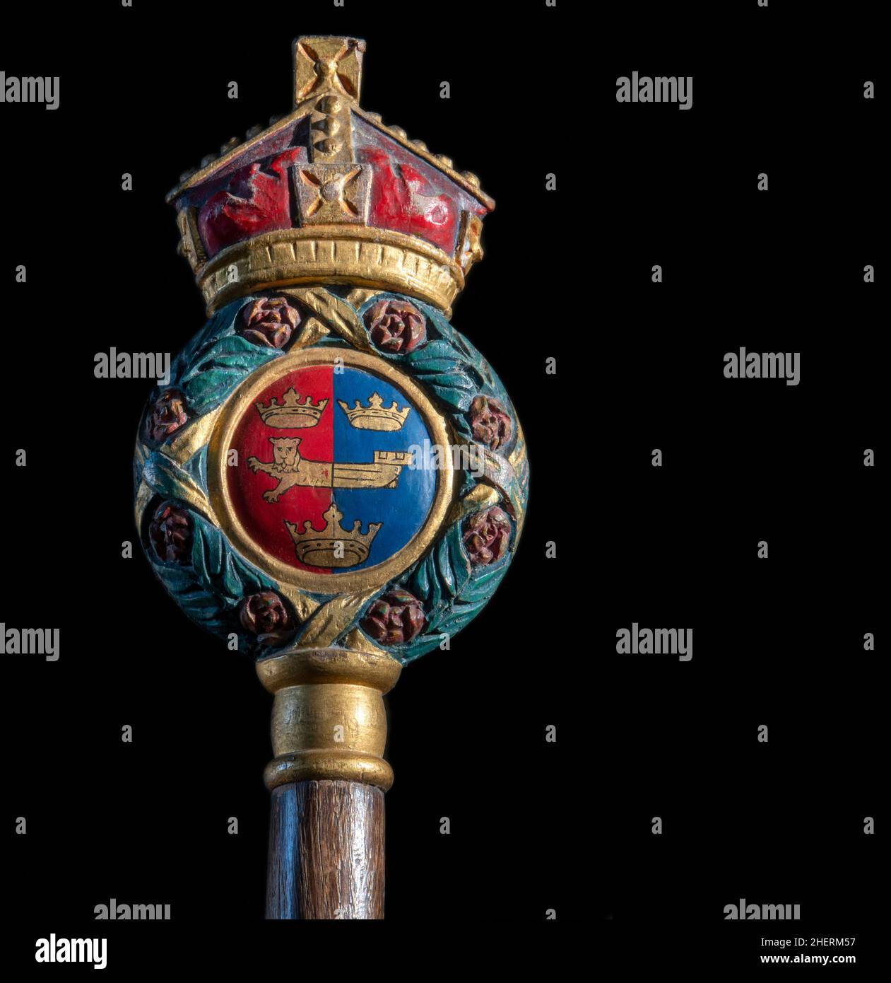 Wooden staff with crown Church of St Mary Dallinghoo Suffolk Stock ...