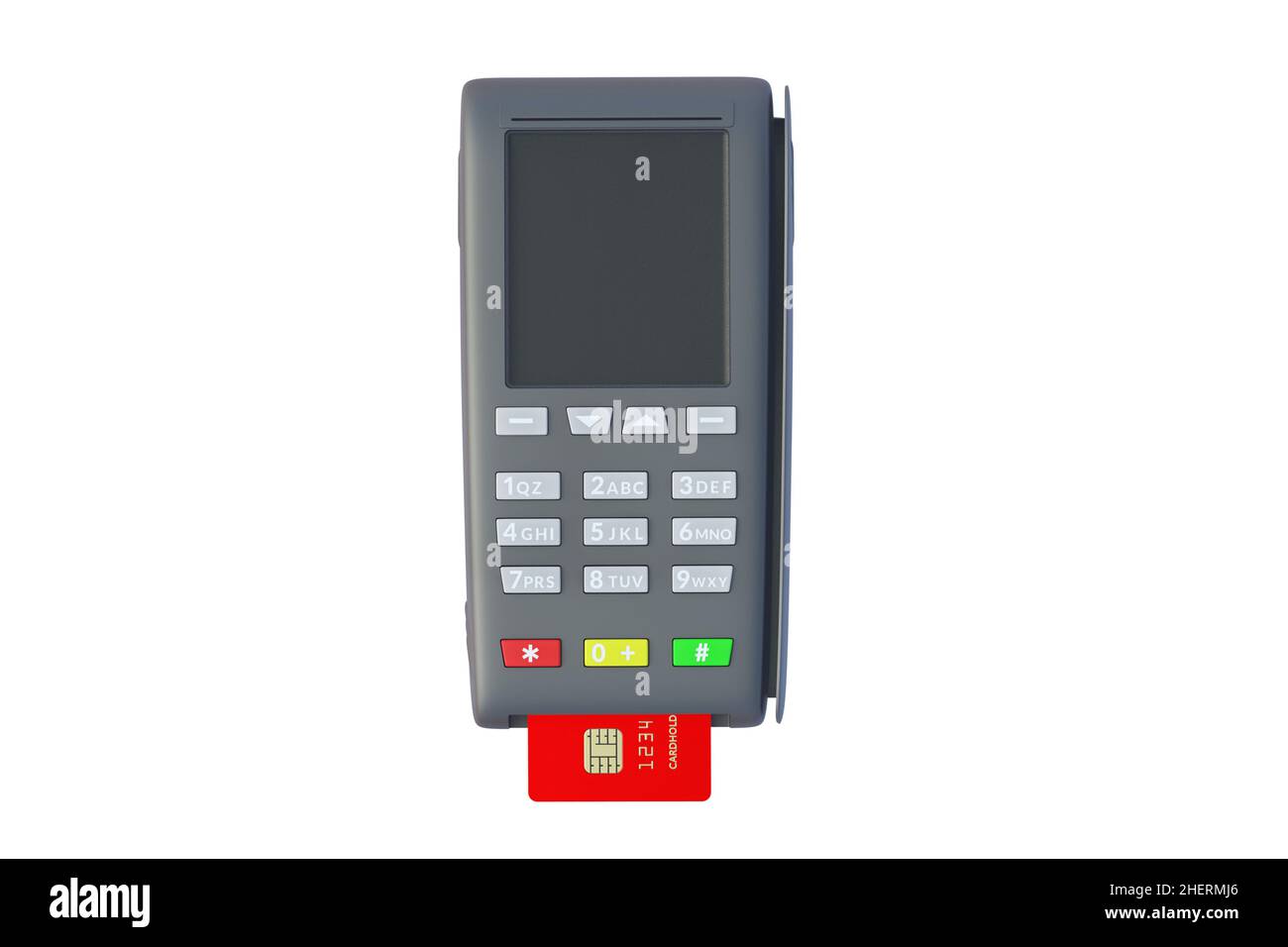 Portable cash register with plastic credit card isolated on white ...