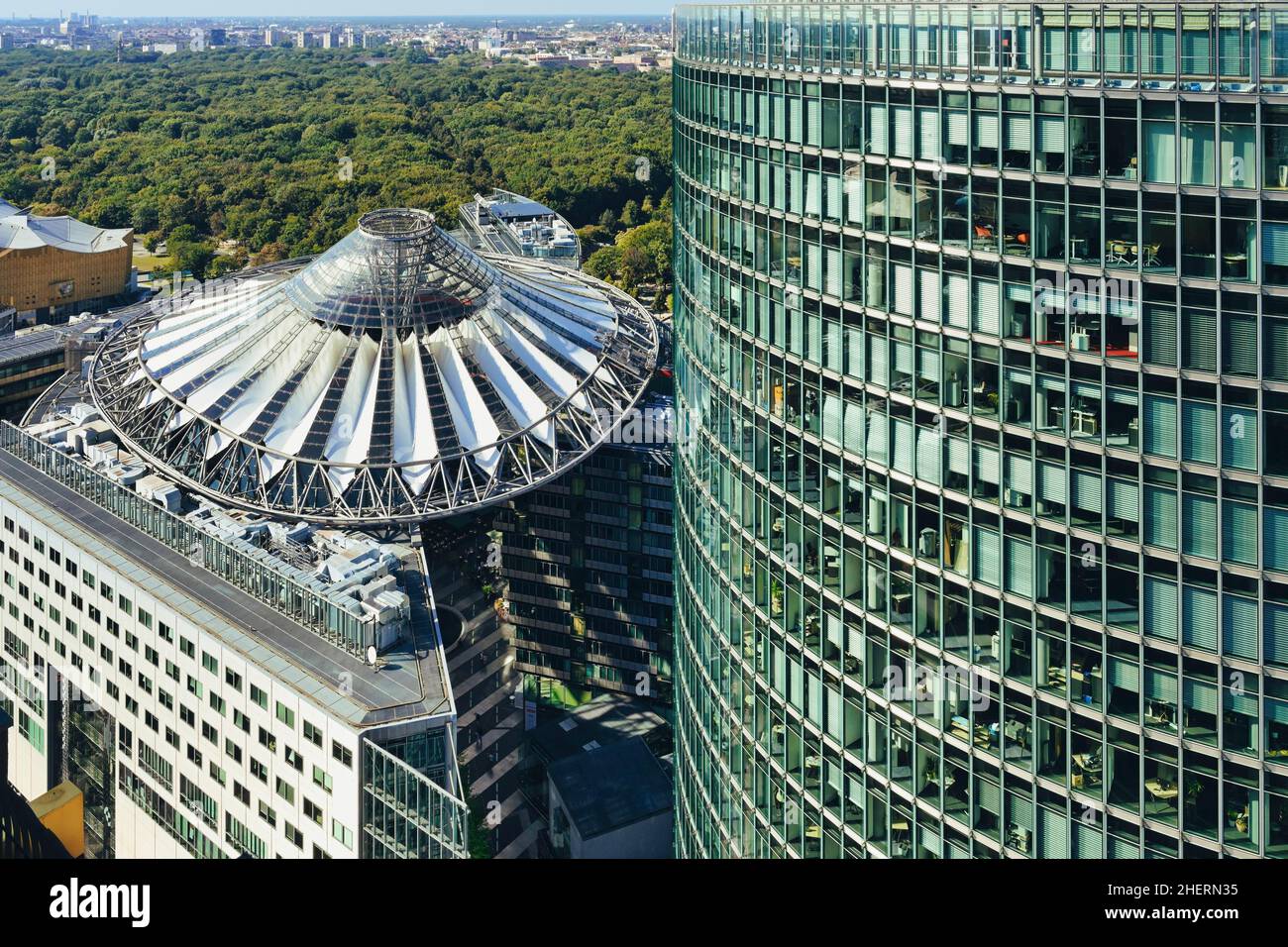 Elevated view of the Sony Center and German railway building, Potsdam Square, Berlin, Germany ...