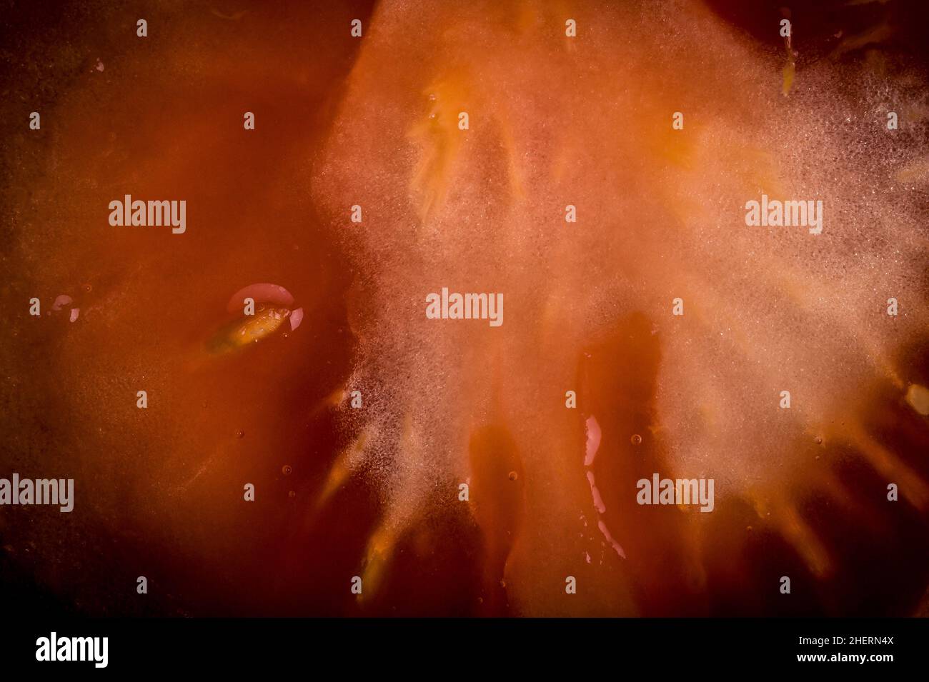 Abstract and art tomato slice detail. Macro shooting. Red background ...