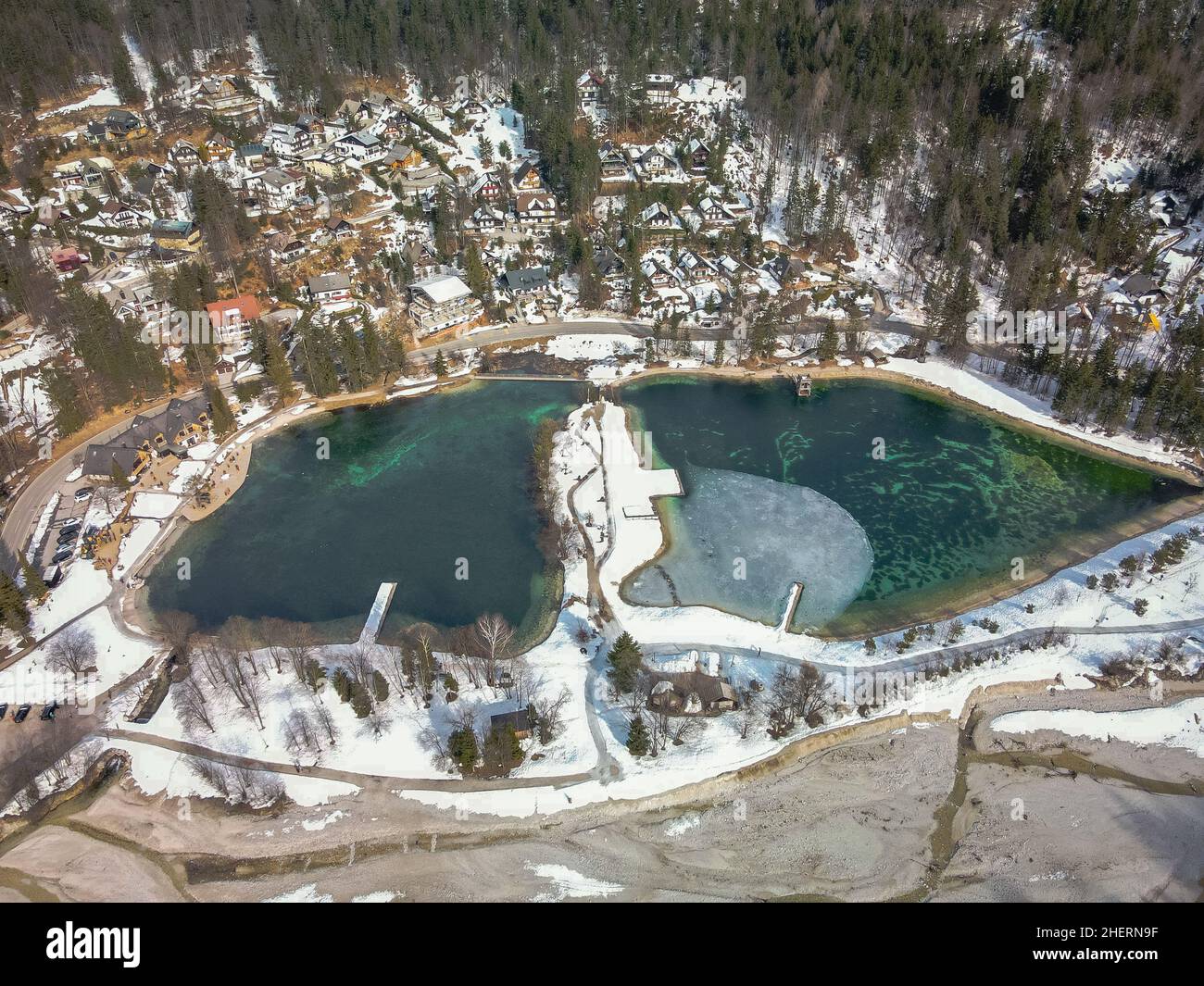 Drone view of Jezero Jasna. Icy man-made lake in Slovenia Stock Photo ...