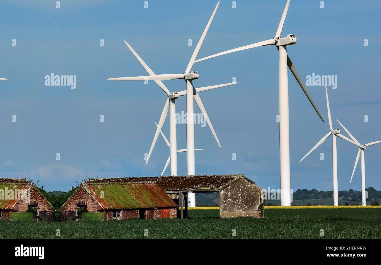 Windmill in the field, five windmill with solar plants together house ...