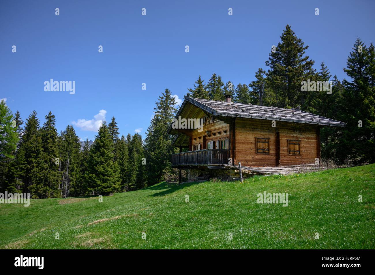 wooden cabin house chalet in italian alps with green meadow and blue ...