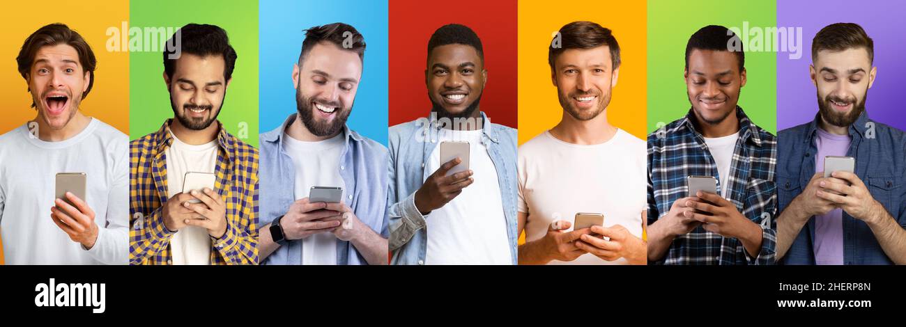 Collage of diverse men using smartphones, emotional guys texting on ...