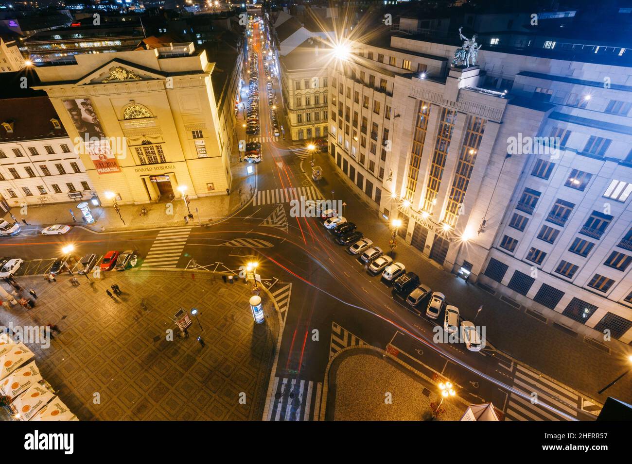 Night view of building of the Czech National Bank in Prague, Czech ...