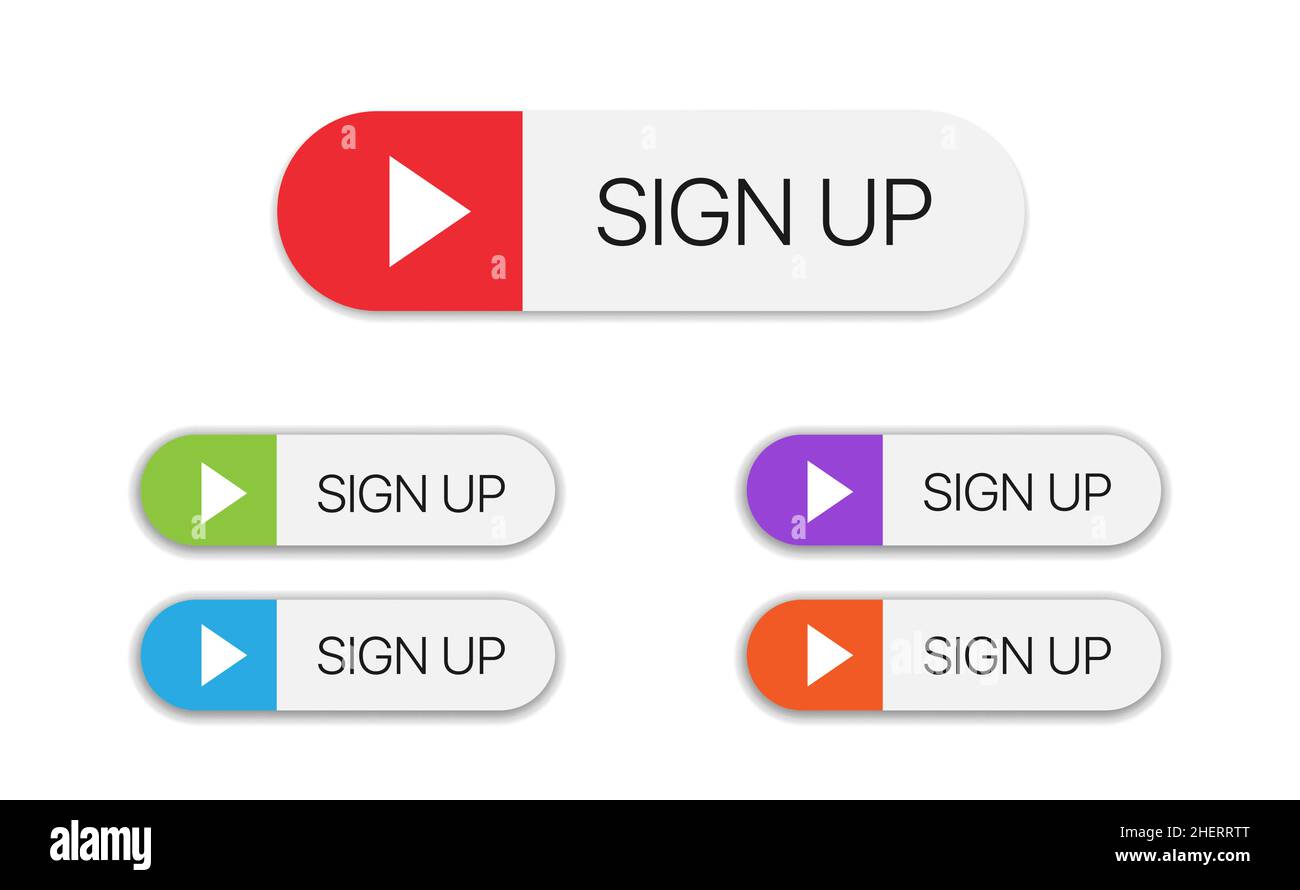 Sign up buttons. Subscribe colorful buttons with bell and play icons ...