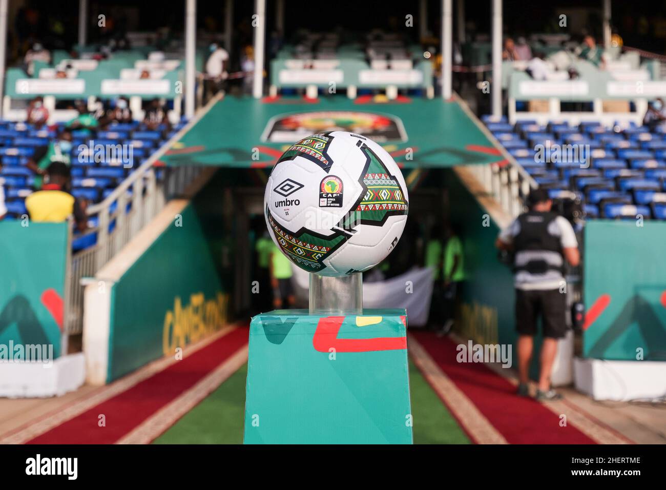 YAOUNDE, CAMEROON - JANUARY 09: details of official Umbro match ball ...