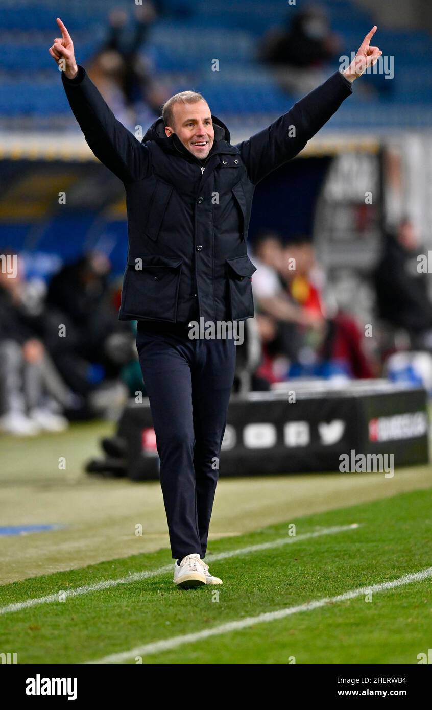 Goal celebration at coach Sebastian Hoeness Hoeness TSG 1899 Hoffenheim ...