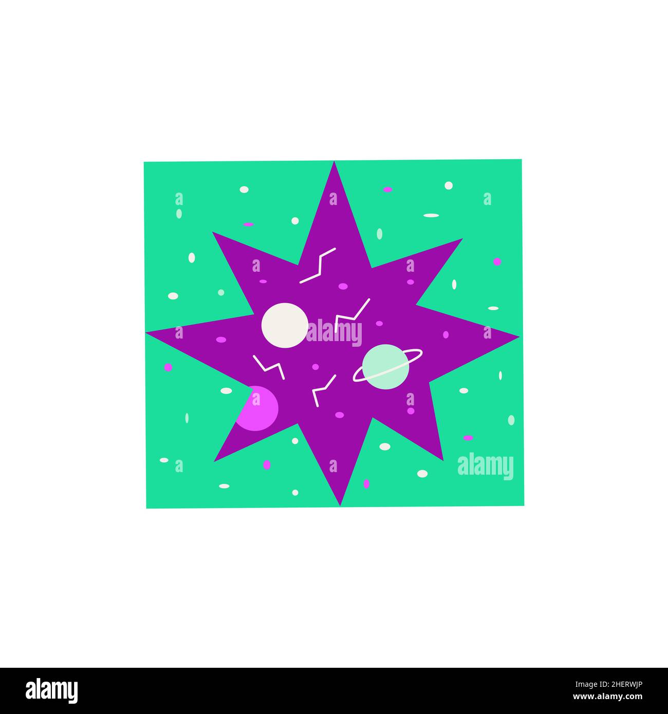 Purple stars in a green square. Outer space inside a star. Abstract ...