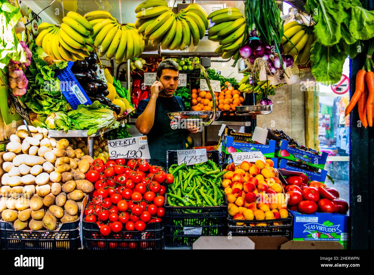Fruit and vegetable stall, indoor market, Jerez, Jerez, Andalusia ...