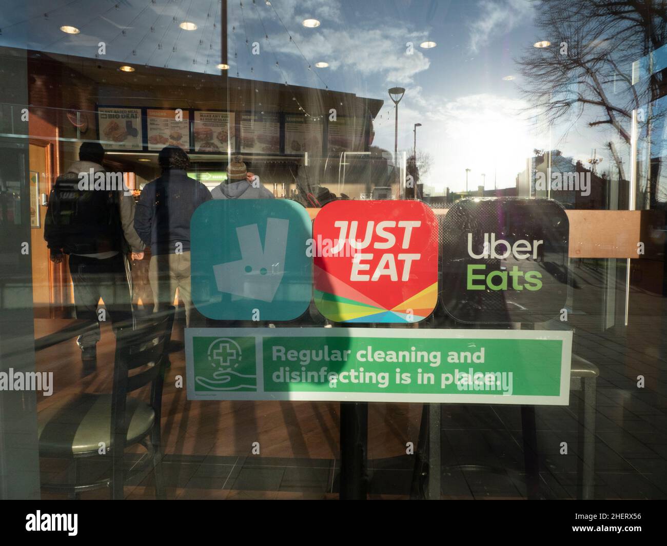 Just eat, Deliveroo, Uber Eats, logos in Subway restaurant window in ...