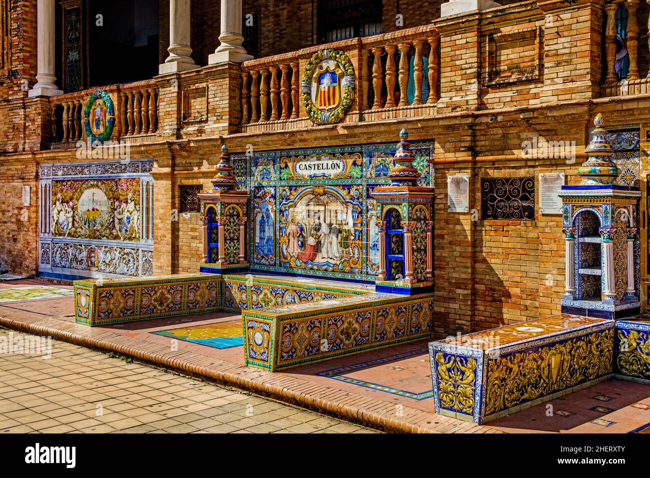 Painted ceramic benches representing Spanish provinces, Plaza de Espana ...