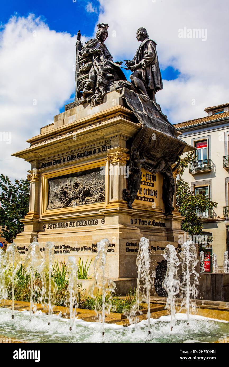 Monument with Columbus and Queen Isabella I of Castile in the Plaza de ...
