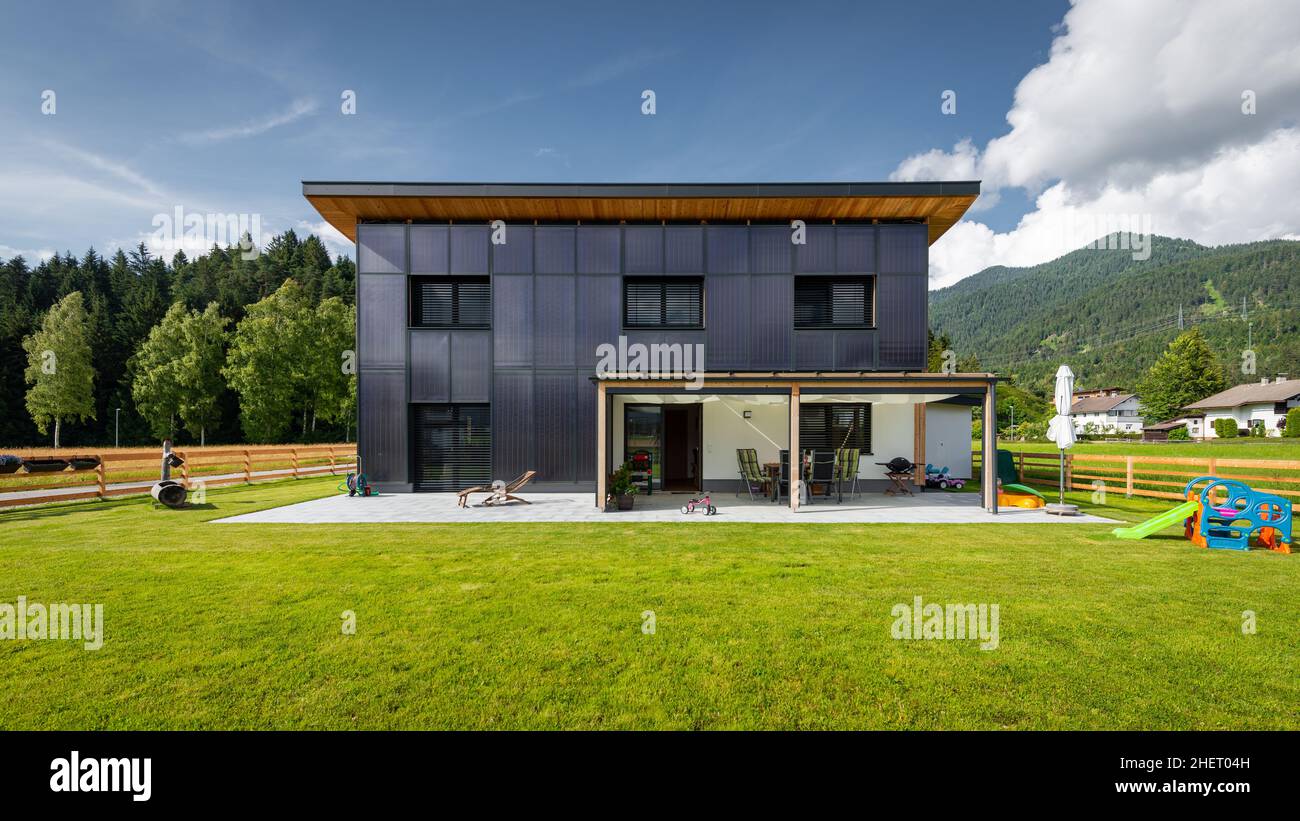 Clean green energy efficient saving source solar house on residential ...