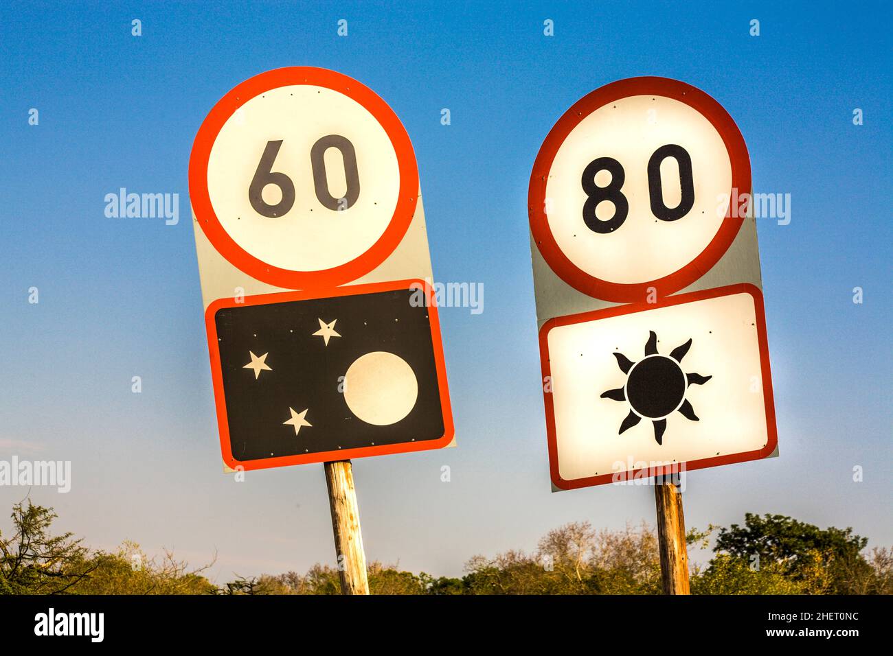 Day and night speed limit signs, Lake St. Lucia, iSimangaliso Wetland ...