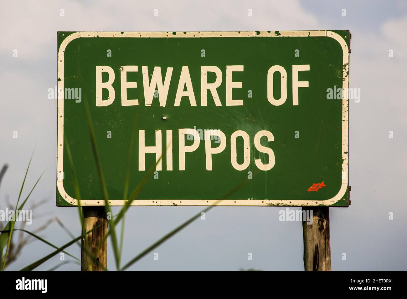 Warning sign against hippos, Hluhluwe-iMfolozi National Park, South ...