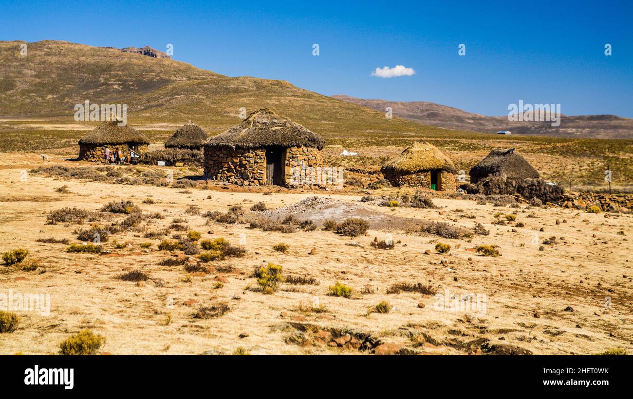 Huts on the high plateau at the Sani Pass, Kingdom of Lesotho, Lesotho ...