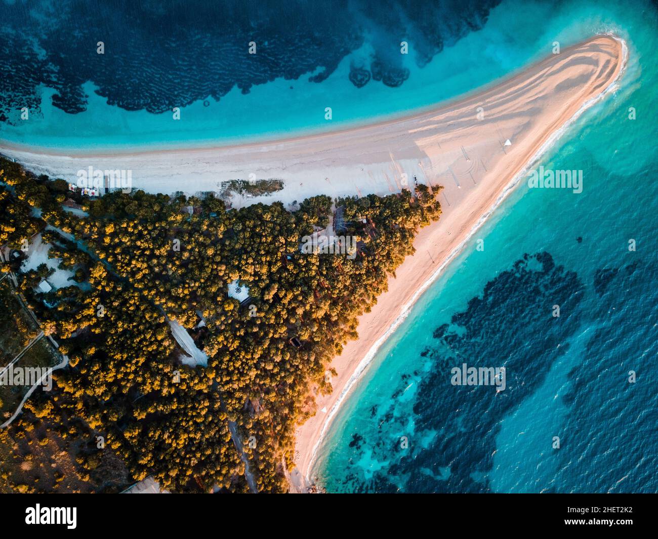 Croatia, Hvar island, Bol. Aerial view at the Zlatni Rat. Beach and sea ...