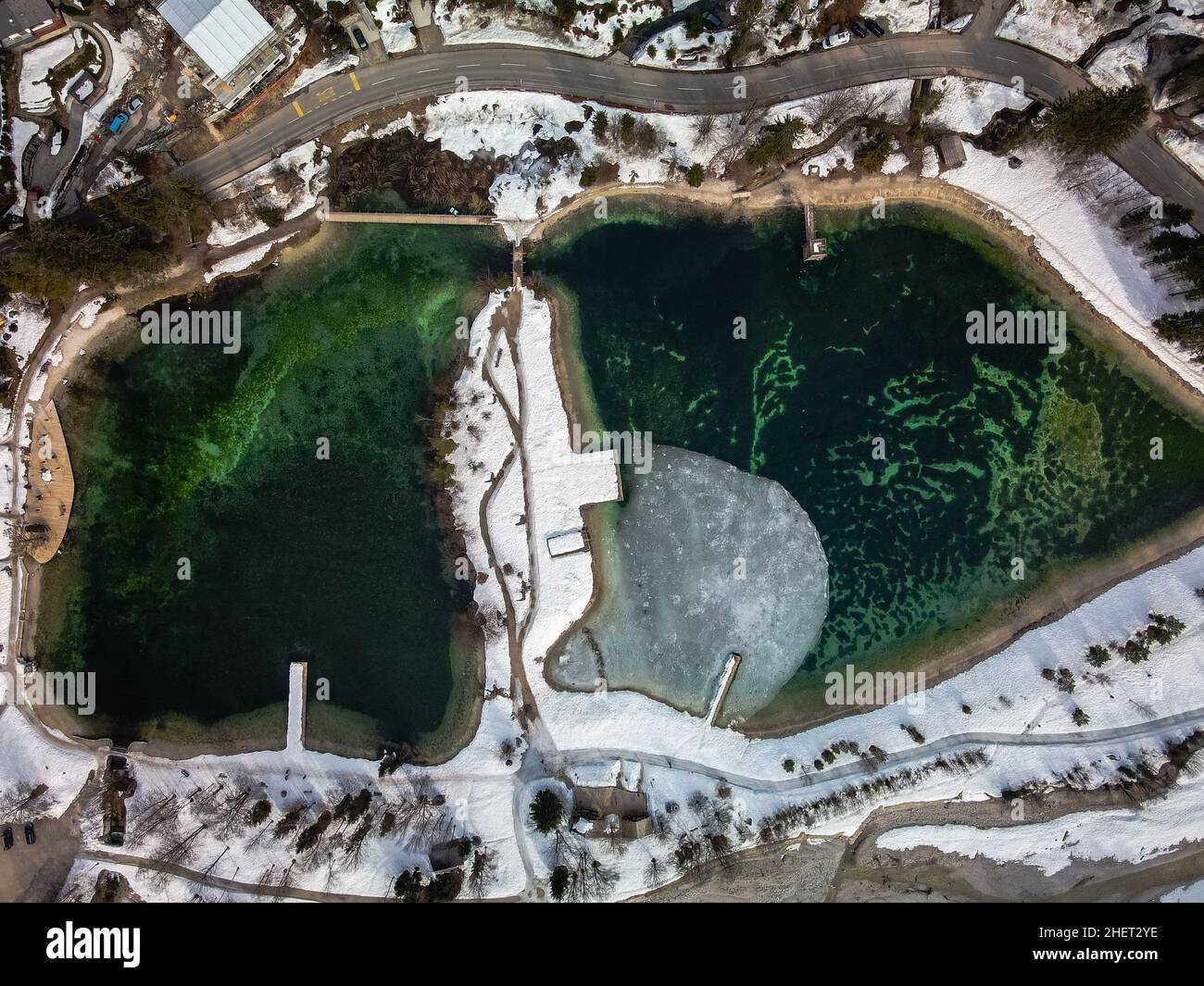 Top down view of Jezero Jasna. Icy man-made lake in Slovenia Stock ...