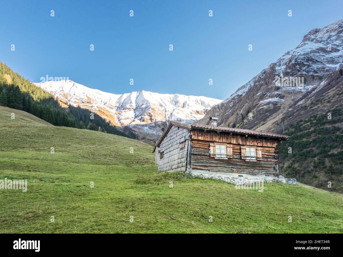 wooden shingle cabin hut in austrian mountain alps at fall Stock Photo ...