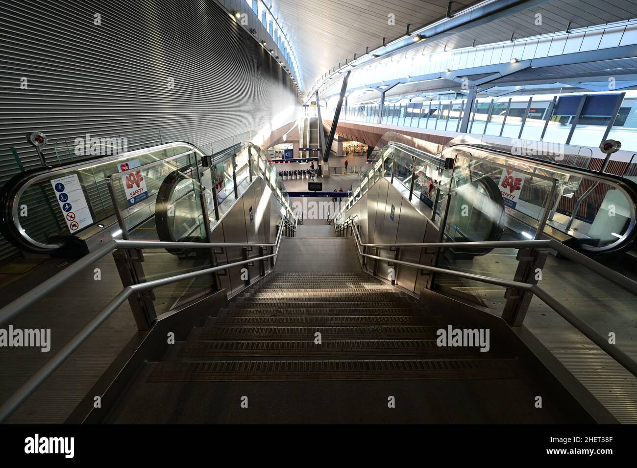 London, London city, UK: January 12 2022: Stairs and escalators at ...