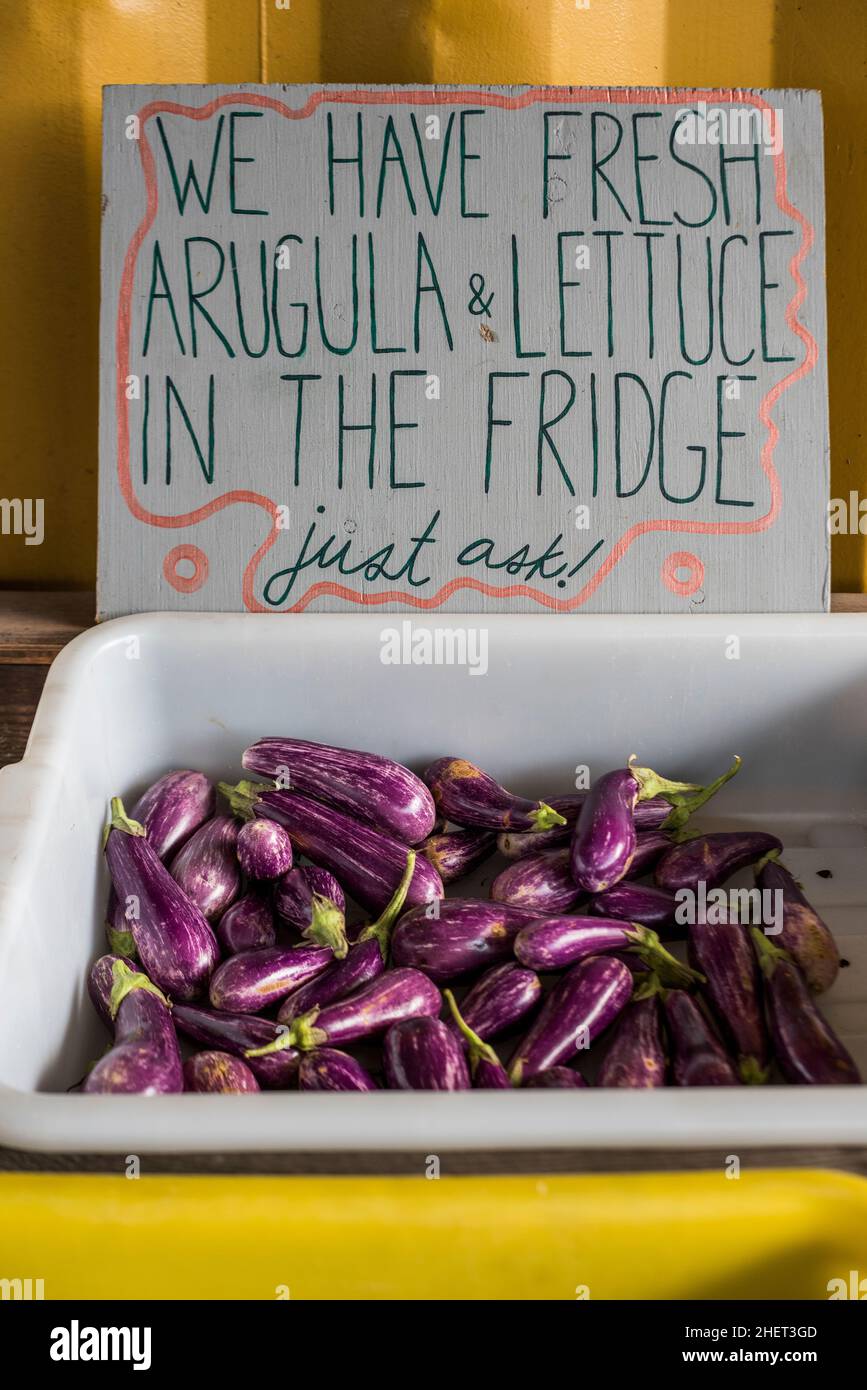 Urban farm stand with welcoming sign Stock Photo - Alamy