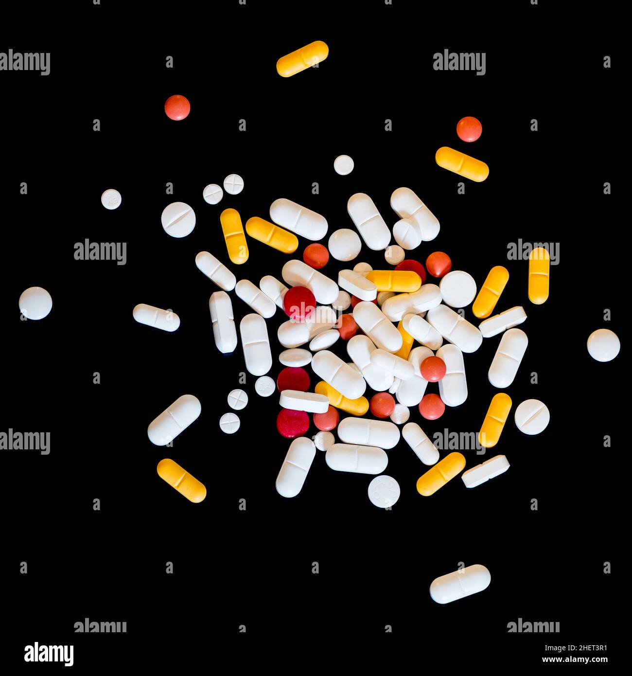 top view to drug pills in different colors and sizes Stock Photo - Alamy